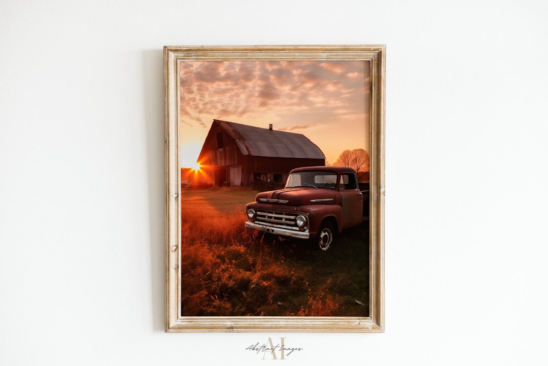 Vintage Rustic Barn Old Chevy Truck Sunset Wall Art Print Instant ...