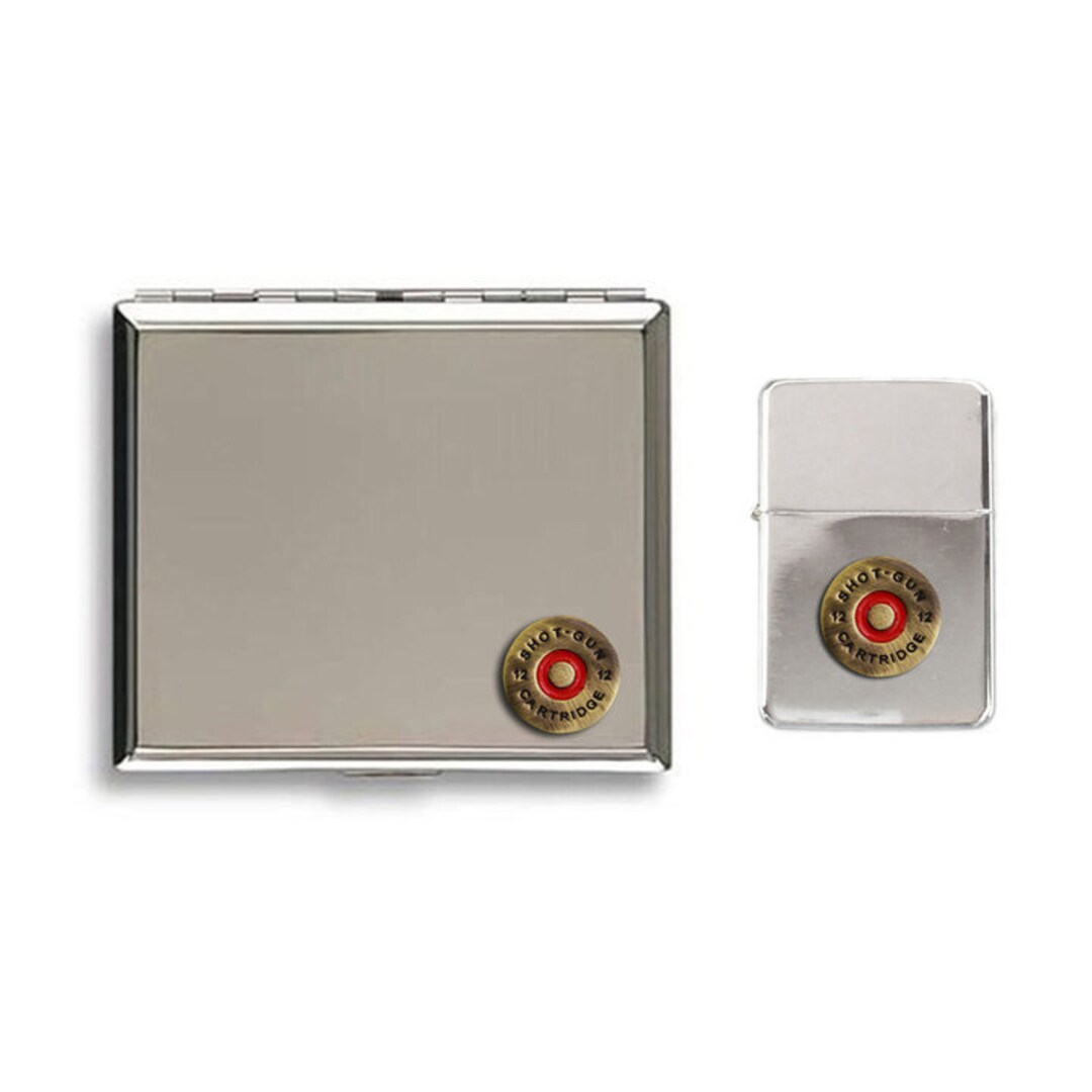 Shotgun Cartridge Polished Chrome Cigarette Case and Stormproof Petrol ...
