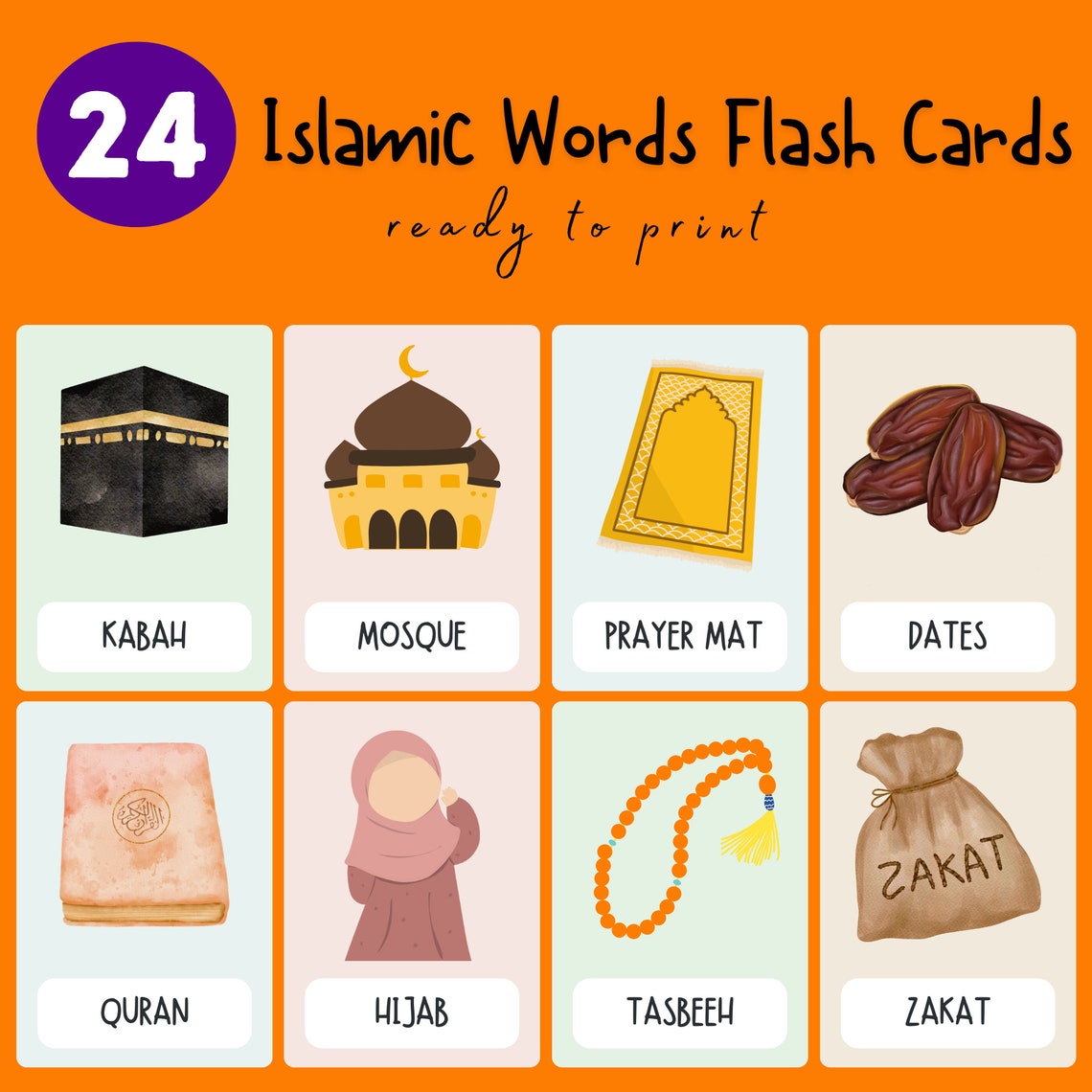 24 Islamic Words Learning Flash Cards | Preschool Cards | Educational ...