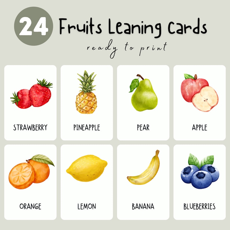 24 Fruits Learning Cards | Preschool Cards | Educational Printable ...