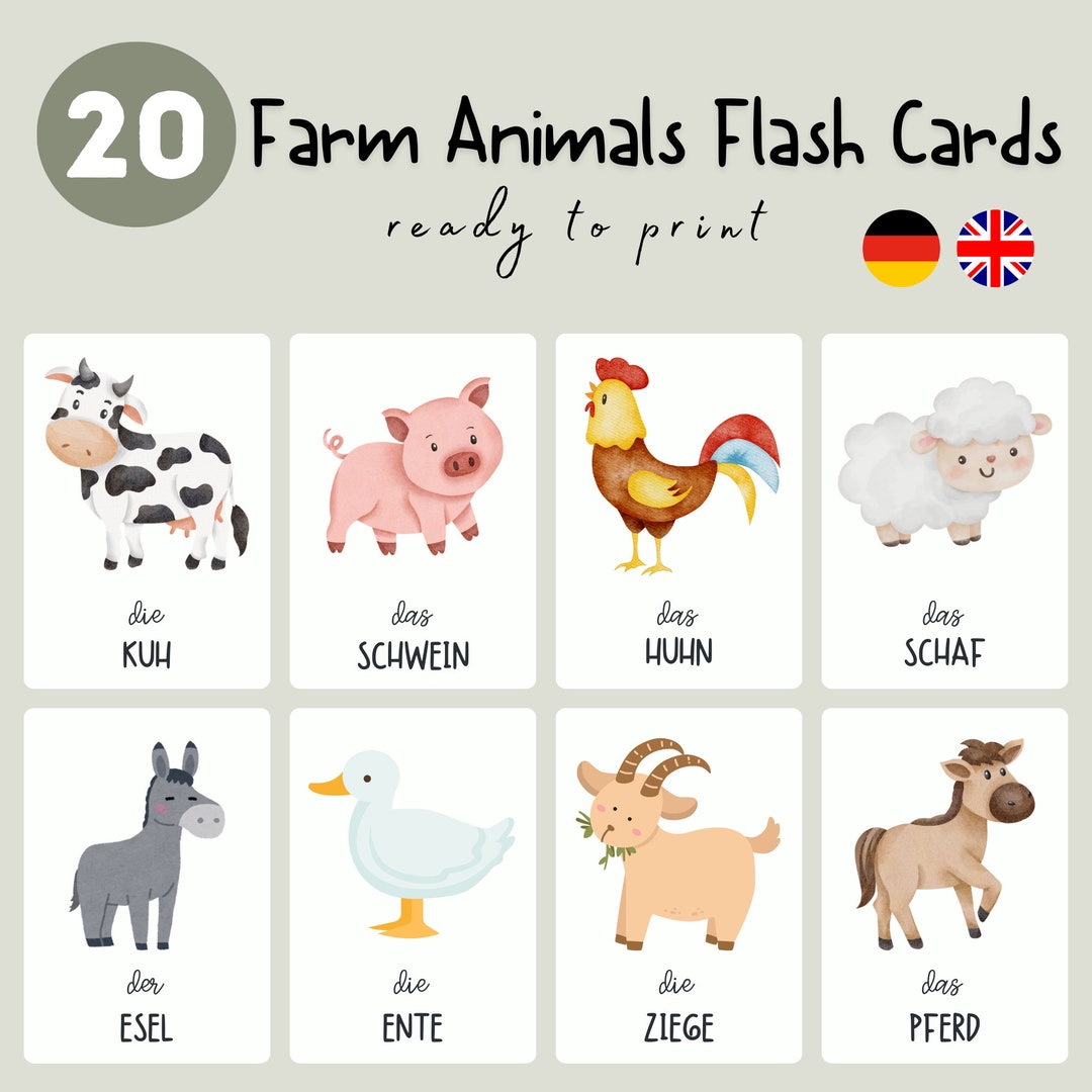 Farm Animals Learning Cards: German & English Printable (PDF) - Etsy