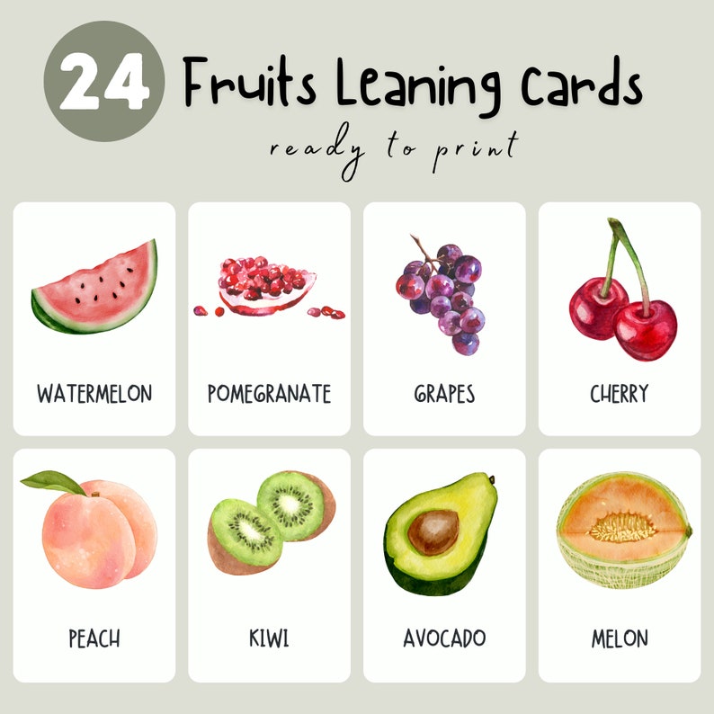 24 Fruits Learning Cards Preschool Cards Educational Printable Cards ...