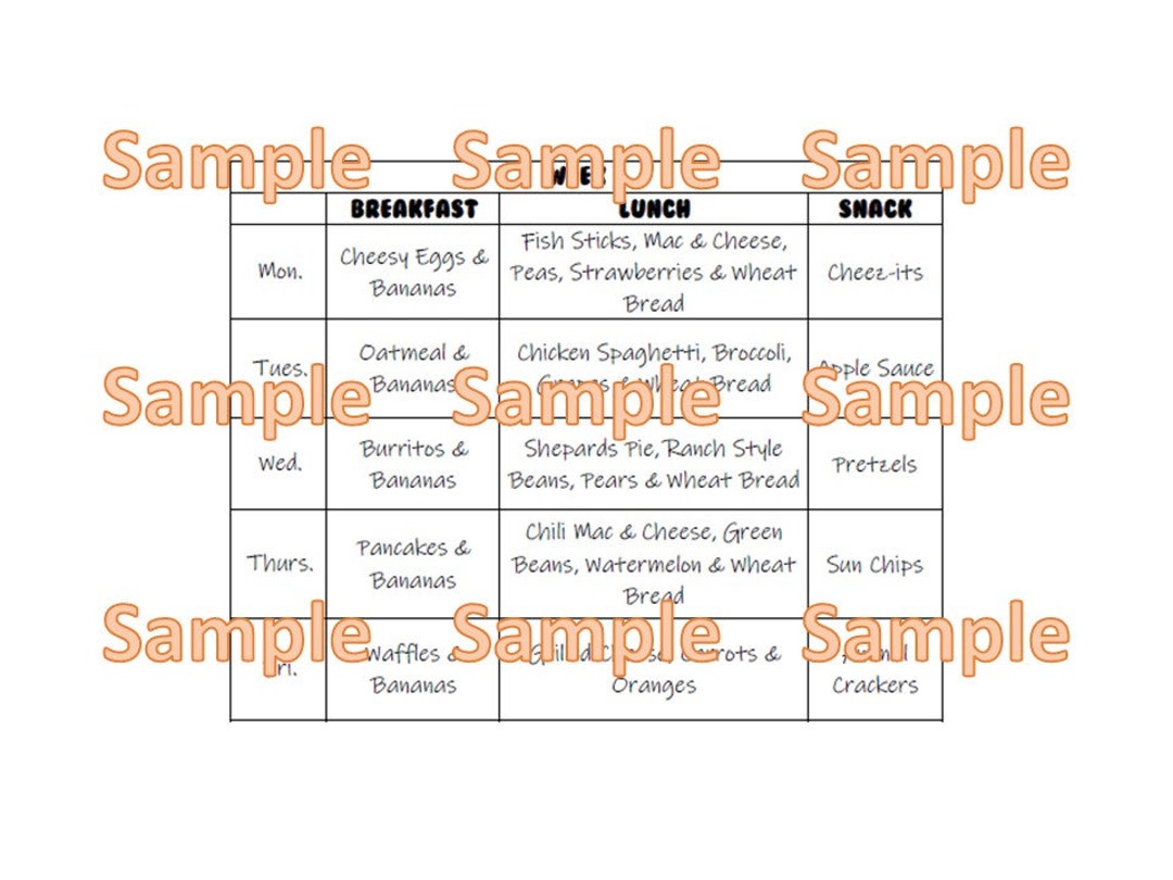 6 Week Rotating Menu W/ Snacks - Food Program Approved! - Etsy