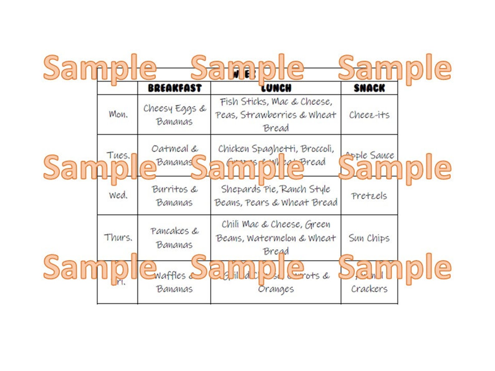 6 Week Rotating Menu W/ Snacks - Food Program Approved! - Etsy