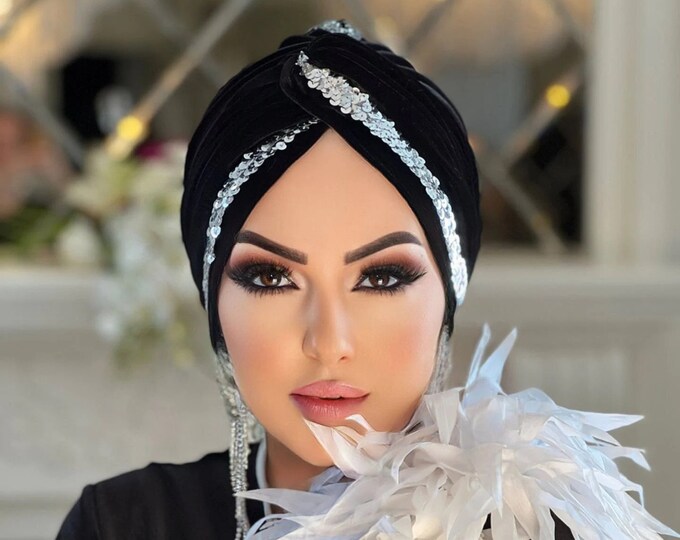 Women's Turban in Black Velvet and Silver Sequins, Chic and Elegant - Etsy