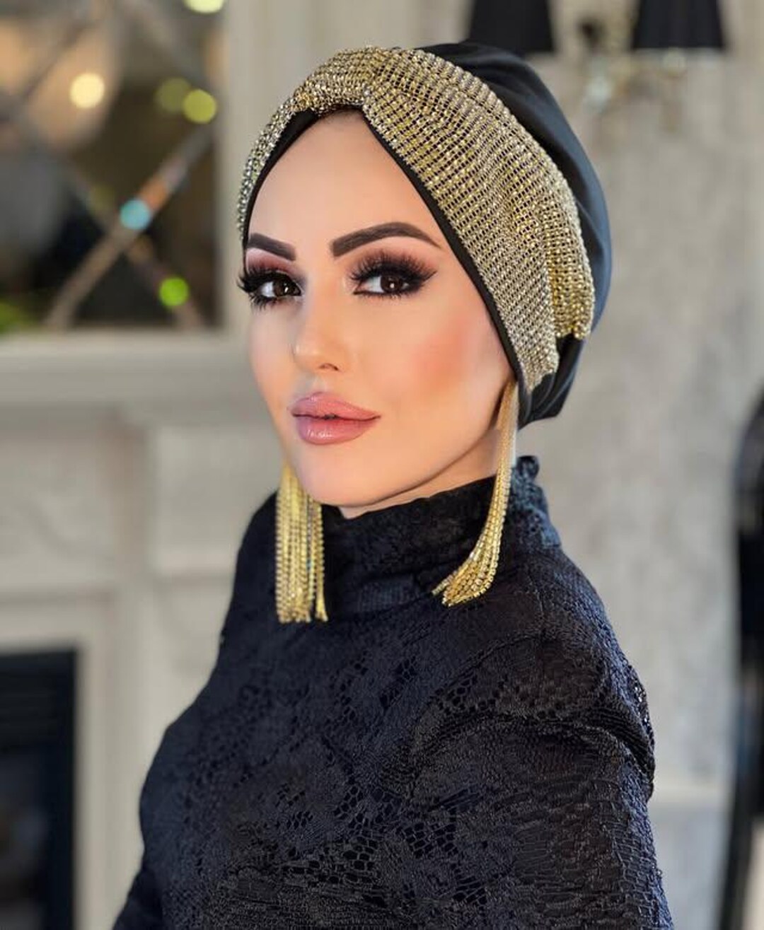 Black Women Turban With Gold Bandana, Pre-tied Turban, Hijab, Turban ...