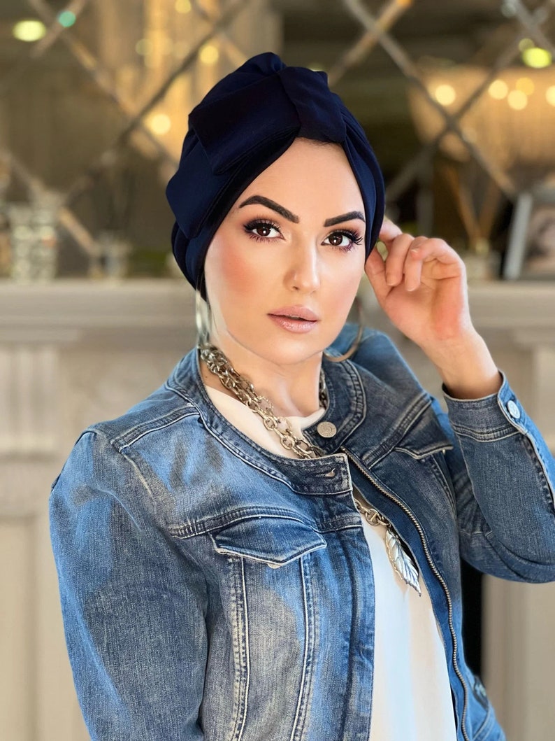 Navy Blue Turban With Side Pleats, Ready-tied Turban, Turban Hat ...