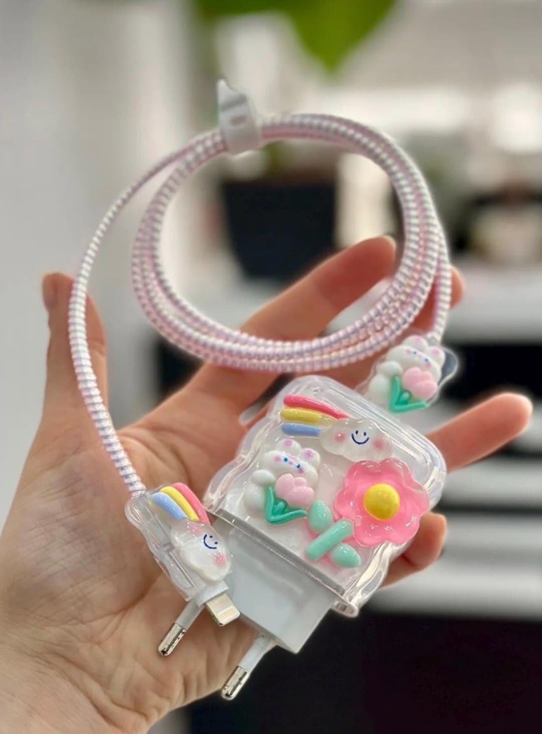 Kawaii Cable Protector Set – Cute Bunny & Flower Charger Cover, Rainbow ...