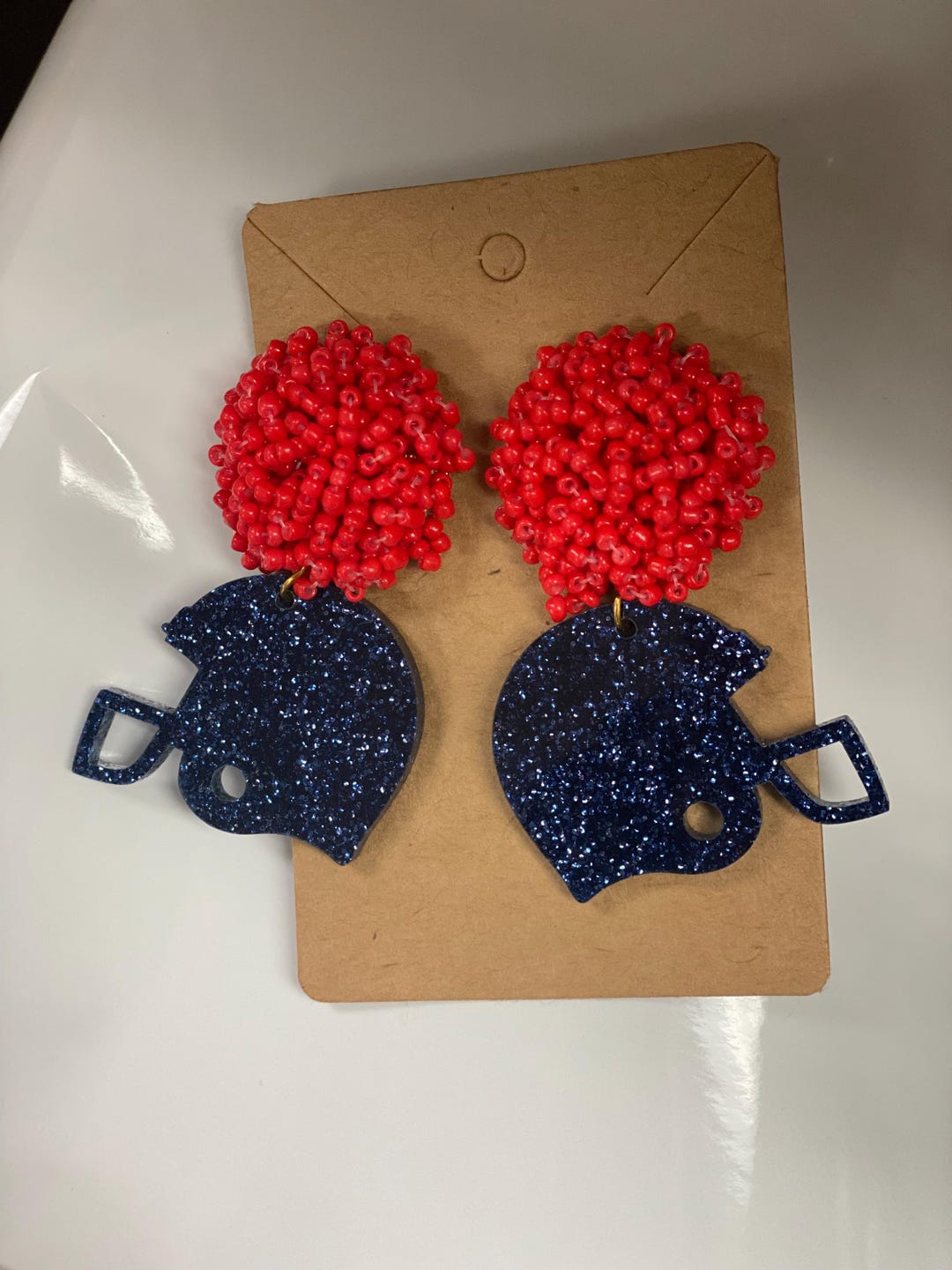 Blue Glitter Acrylic Football Helmet Post Earrings With Red Topper; Red ...