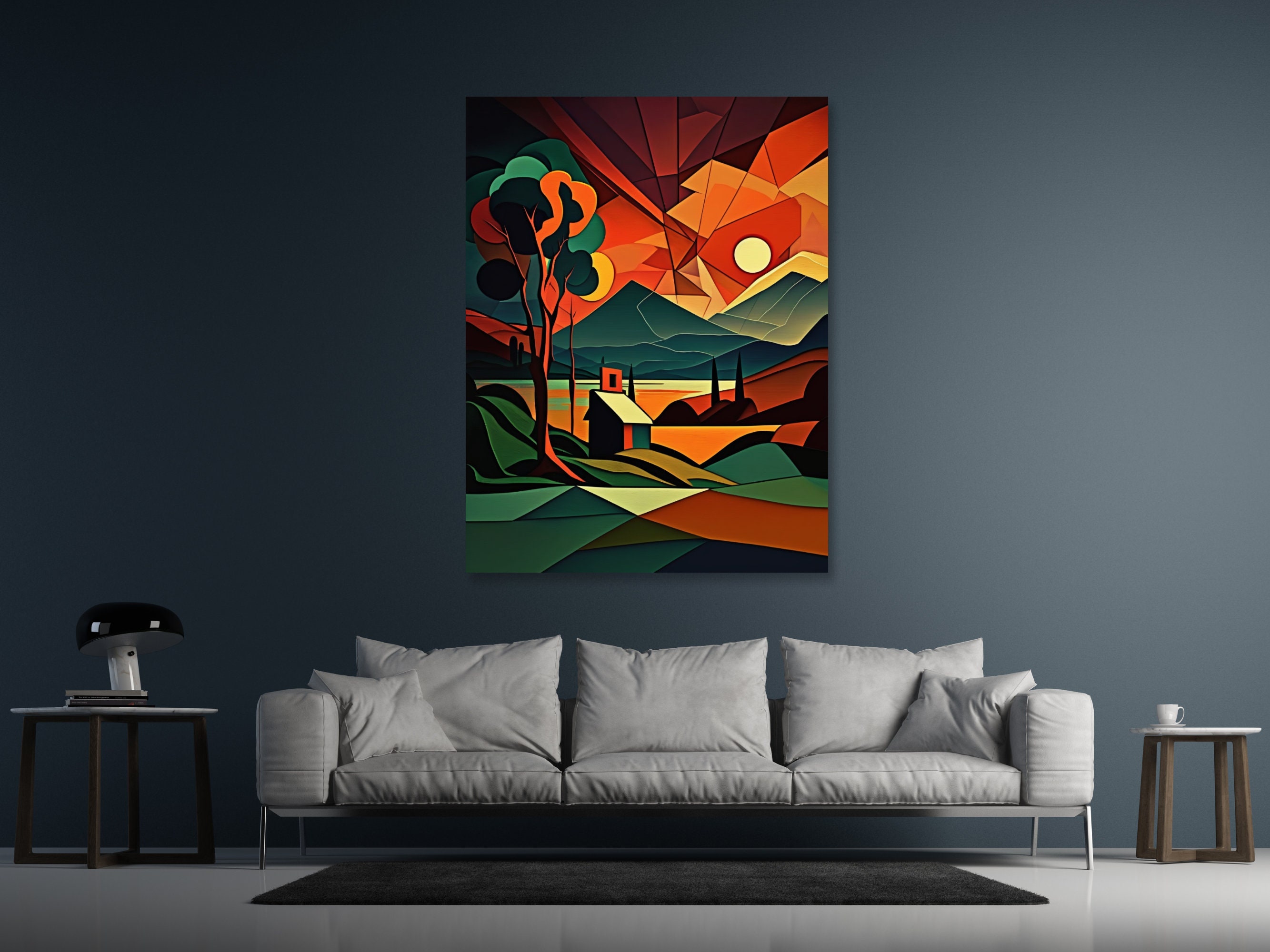 Abstract Sunset Cottage Cabin Landscape Painting Printmaking Original ...