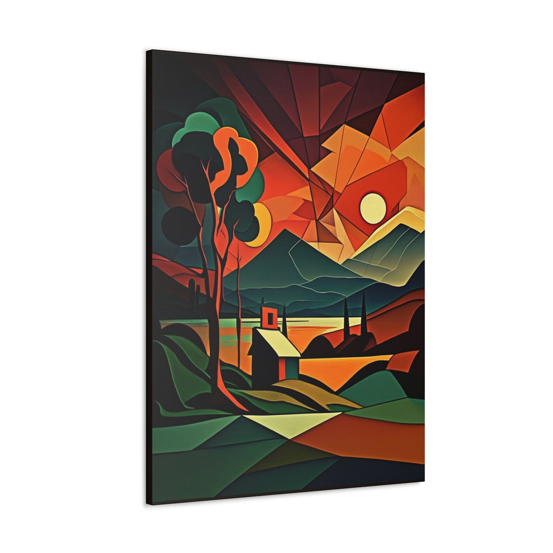 Abstract Sunset Cottage Cabin Landscape Painting Printmaking Original ...