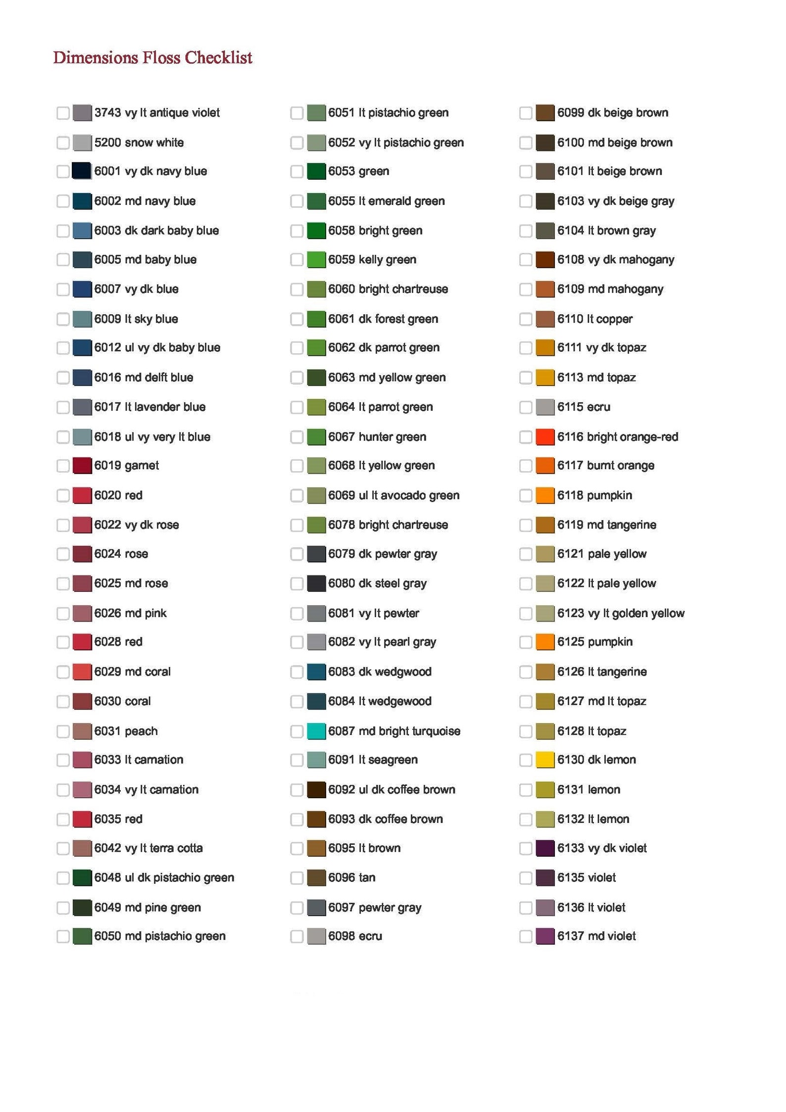Dimensions Thread Color List: Cross Stitch Chart Inventory (PDF) - Etsy