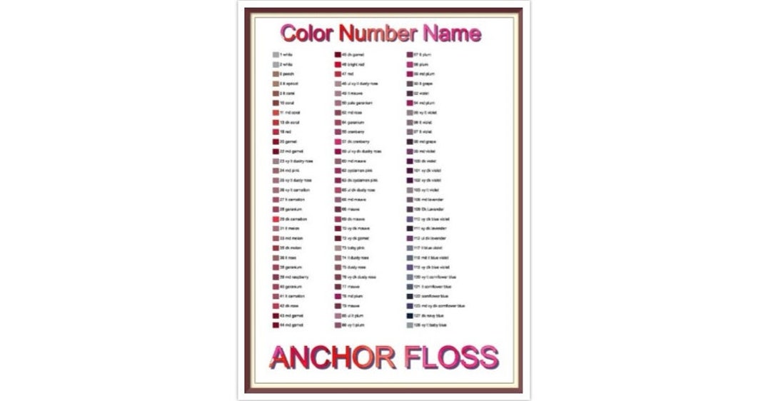 Anchor Thread List by Color, Number, Name - Cross Stitch Chart - Anchor ...