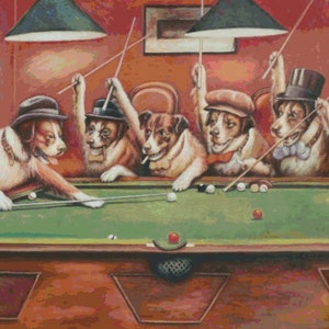 PDF Counted Vintage Cross Stitch Pattern - Dogs Playing Pool - Cassius ...