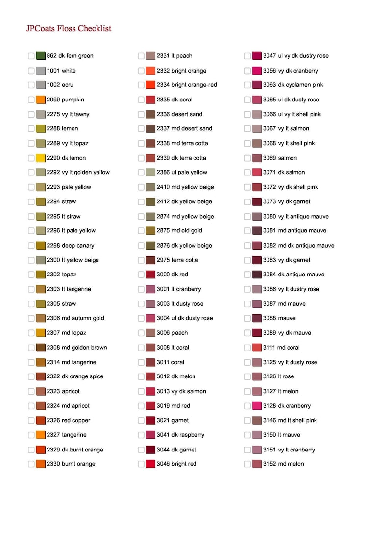 JP Coats Thread Color Chart: Cross Stitch Inventory (PDF) - Etsy