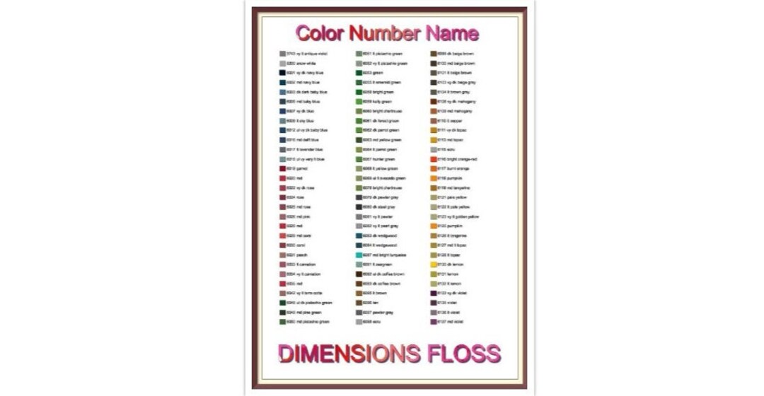 Dimensions Thread List by Color, Number, Name - Cross Stitch Chart ...