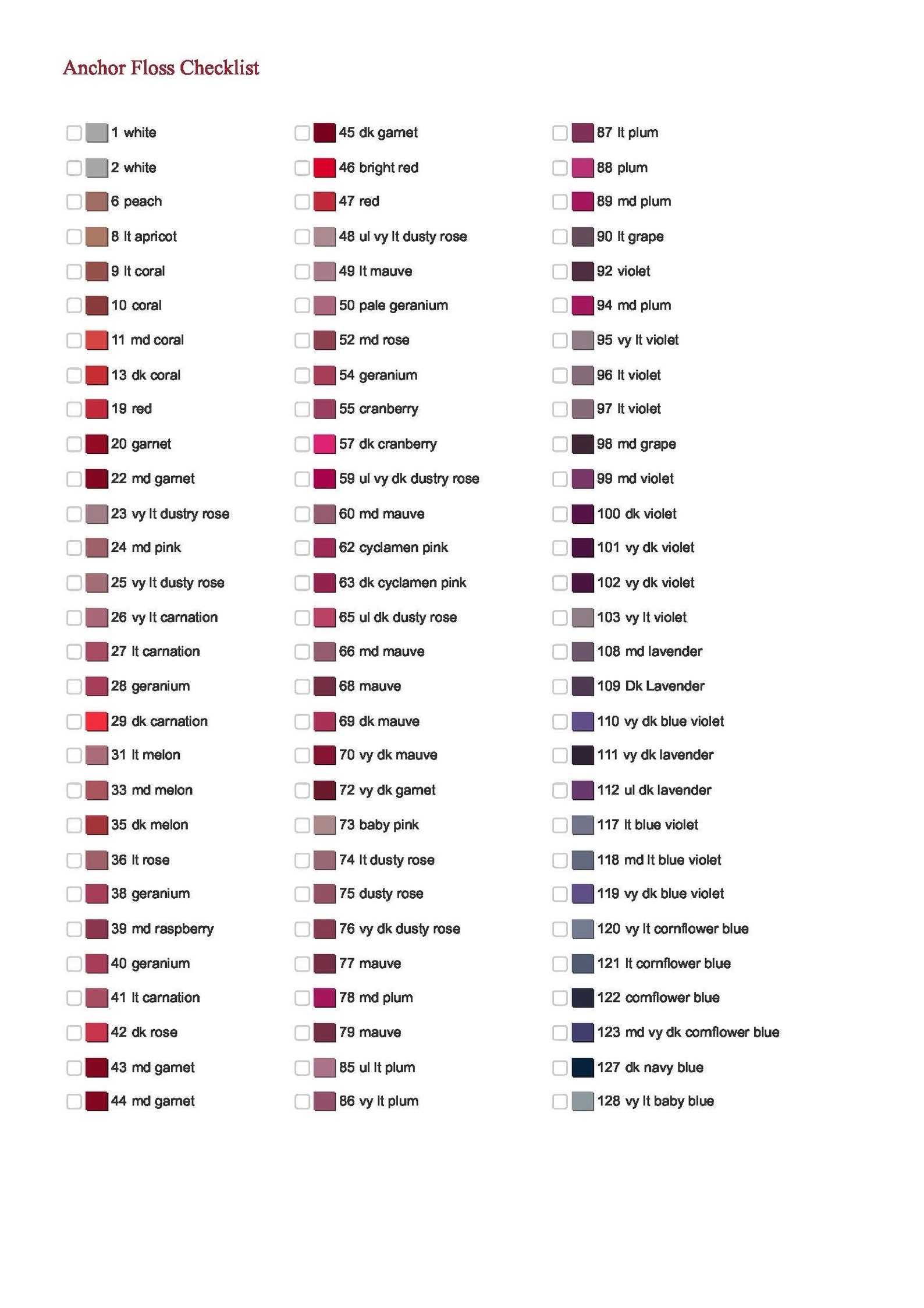 Anchor Thread Color Chart: Cross Stitch Inventory (PDF) - Etsy