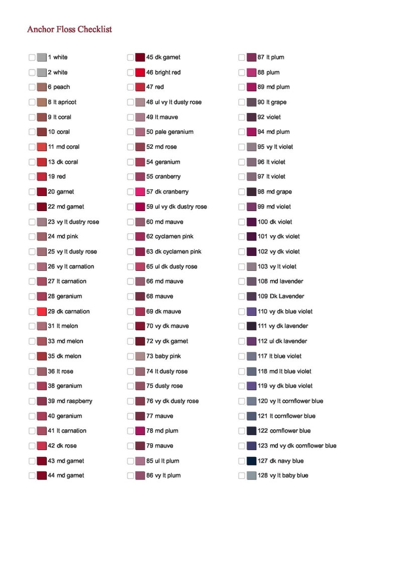Anchor Thread Color Chart: Cross Stitch Inventory (PDF) - Etsy