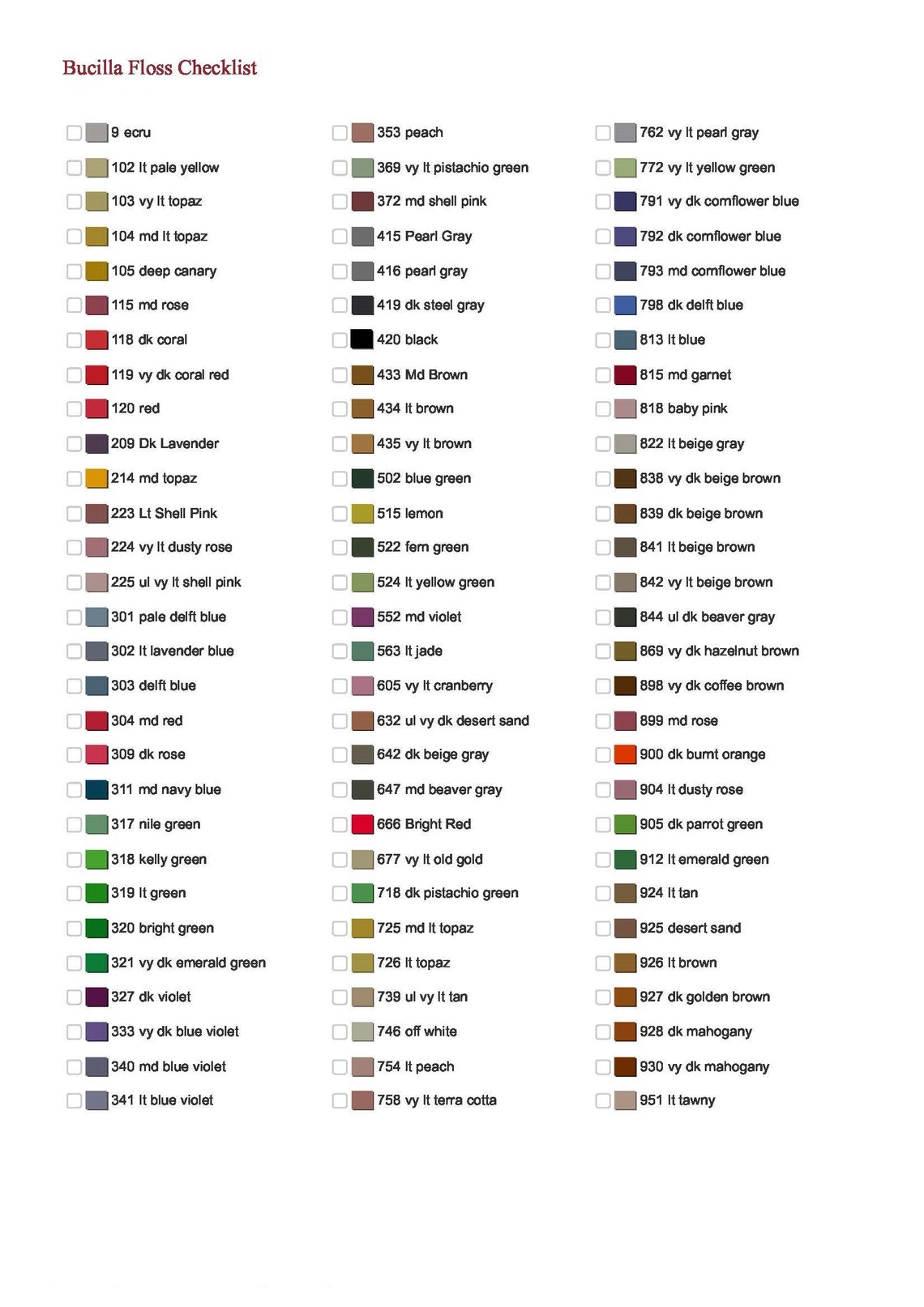 Bucilla Thread Color Chart: Cross Stitch Inventory (PDF) - Etsy