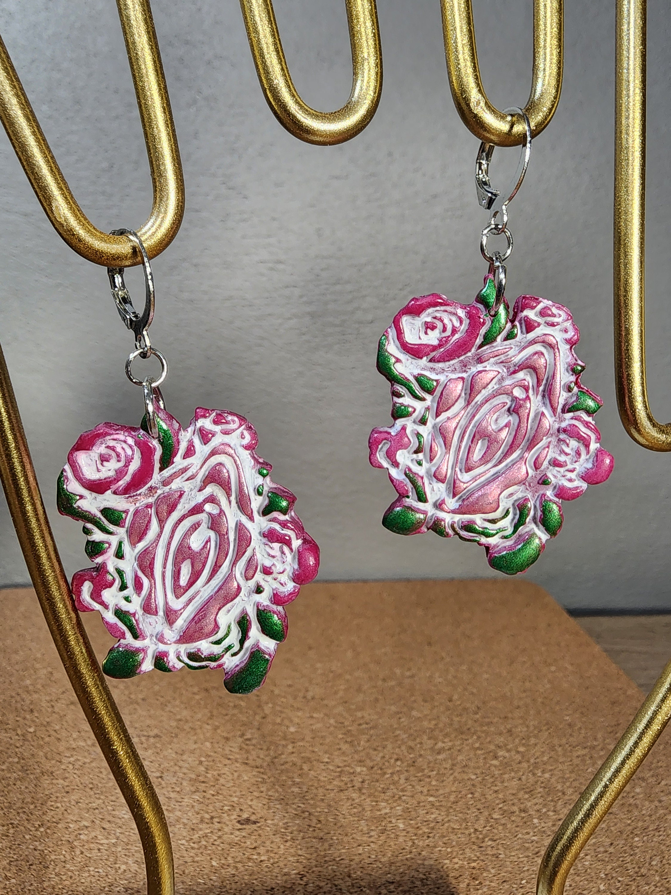 Female Anatomy Art Earrings, Pink Rose Earrings Dangle, Feminist Gift ...