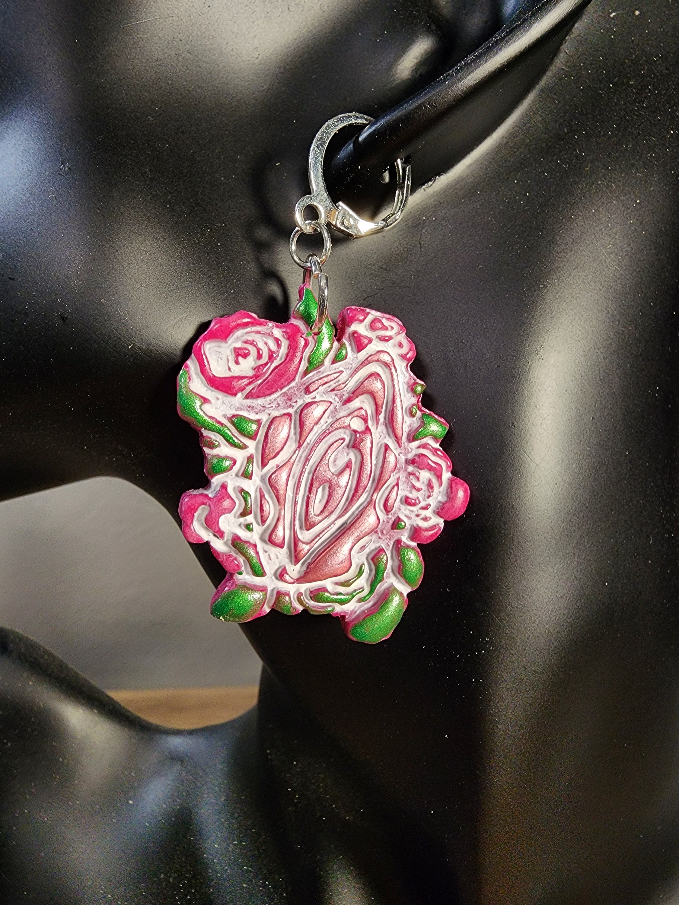Female Anatomy Art Earrings, Pink Rose Earrings Dangle, Feminist Gift ...