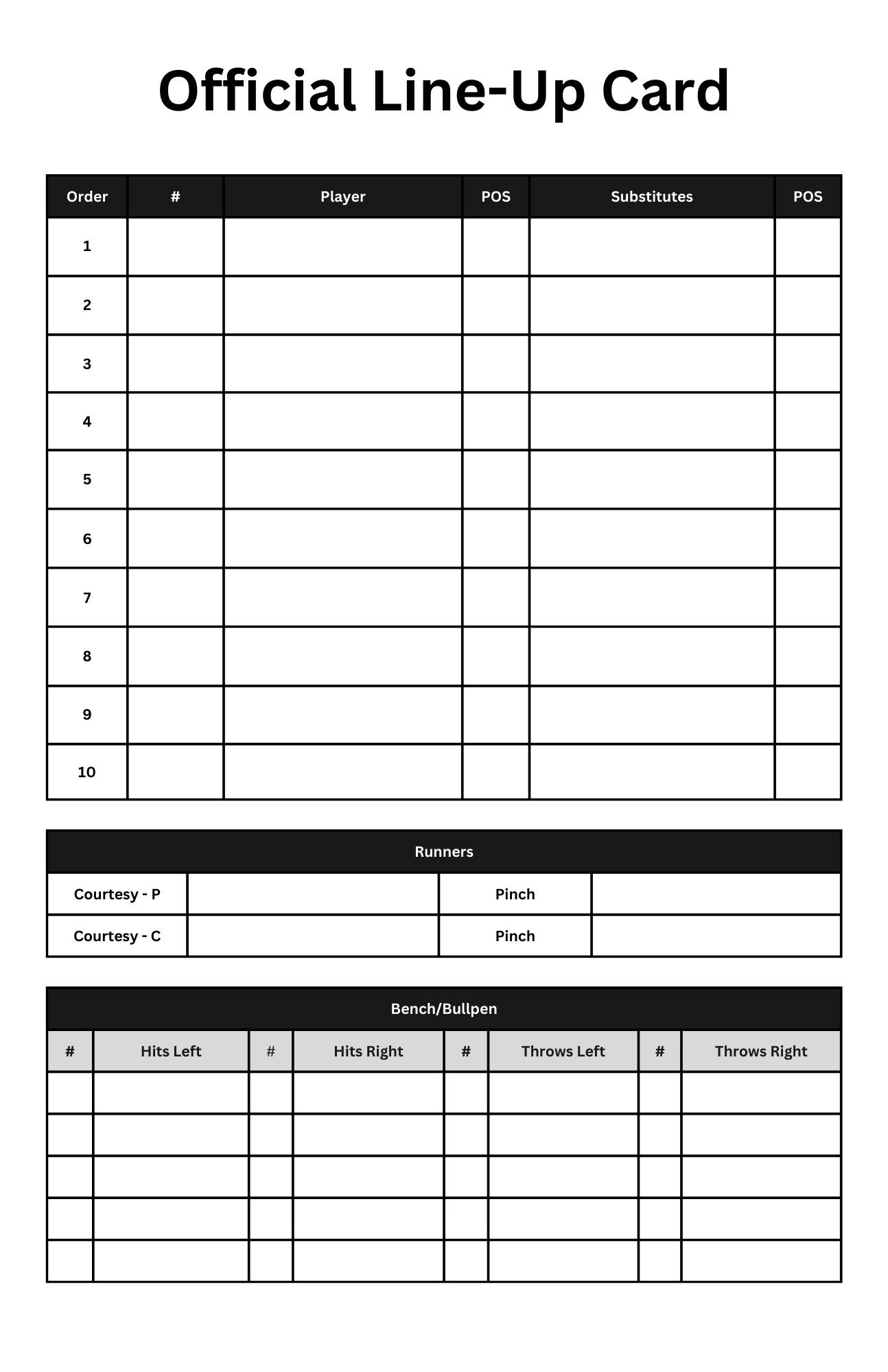 Large Format Baseball Dugout Lineup Cards (11"x17") - Etsy