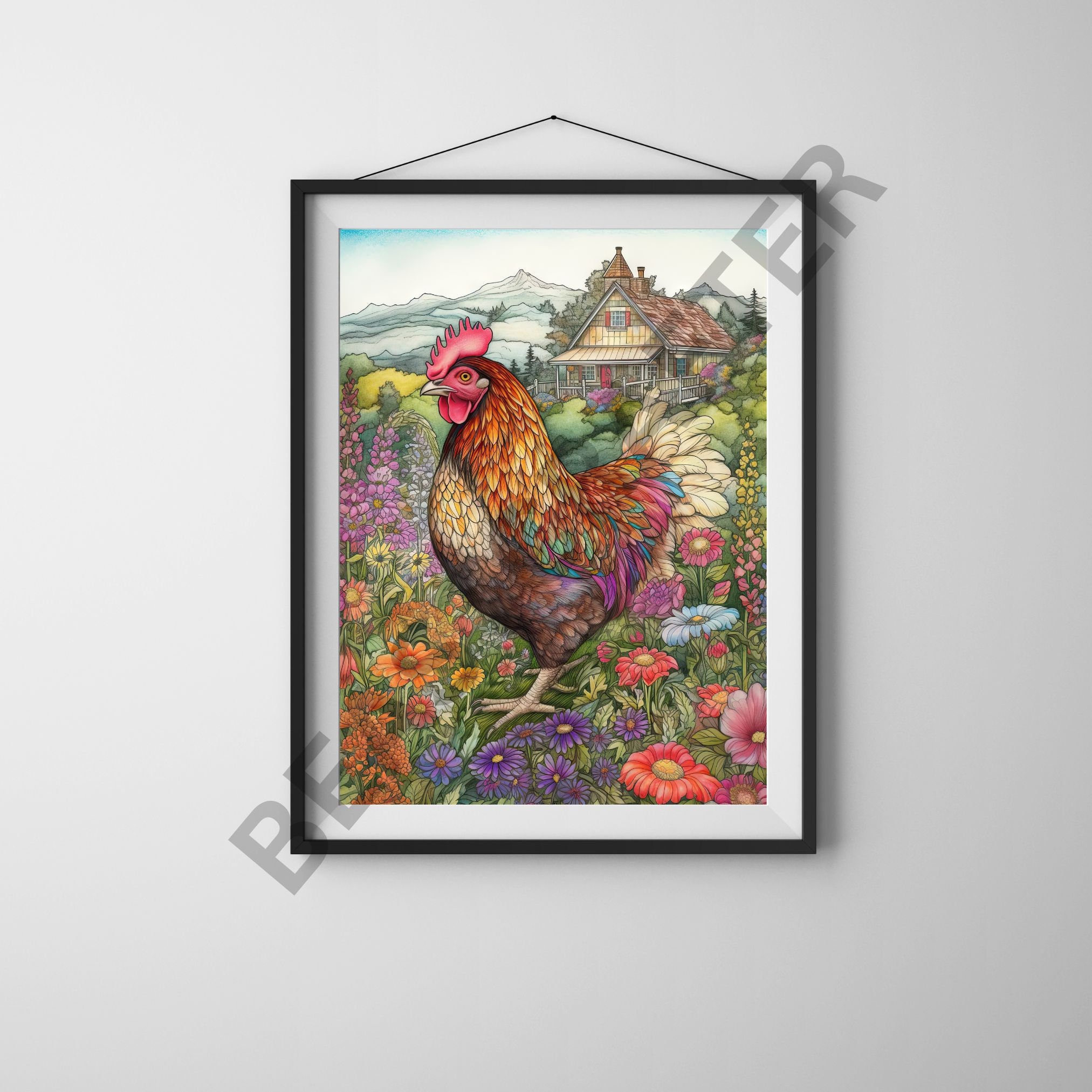 Chicken Printable Wall Art, 8 Unique Prints, Colored Pencil Wall Art ...
