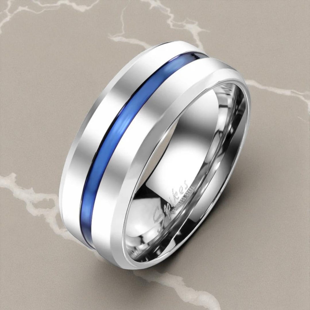Men’s Stainless Steel Band Ring – Thin Blue Line Police Support Ring ...