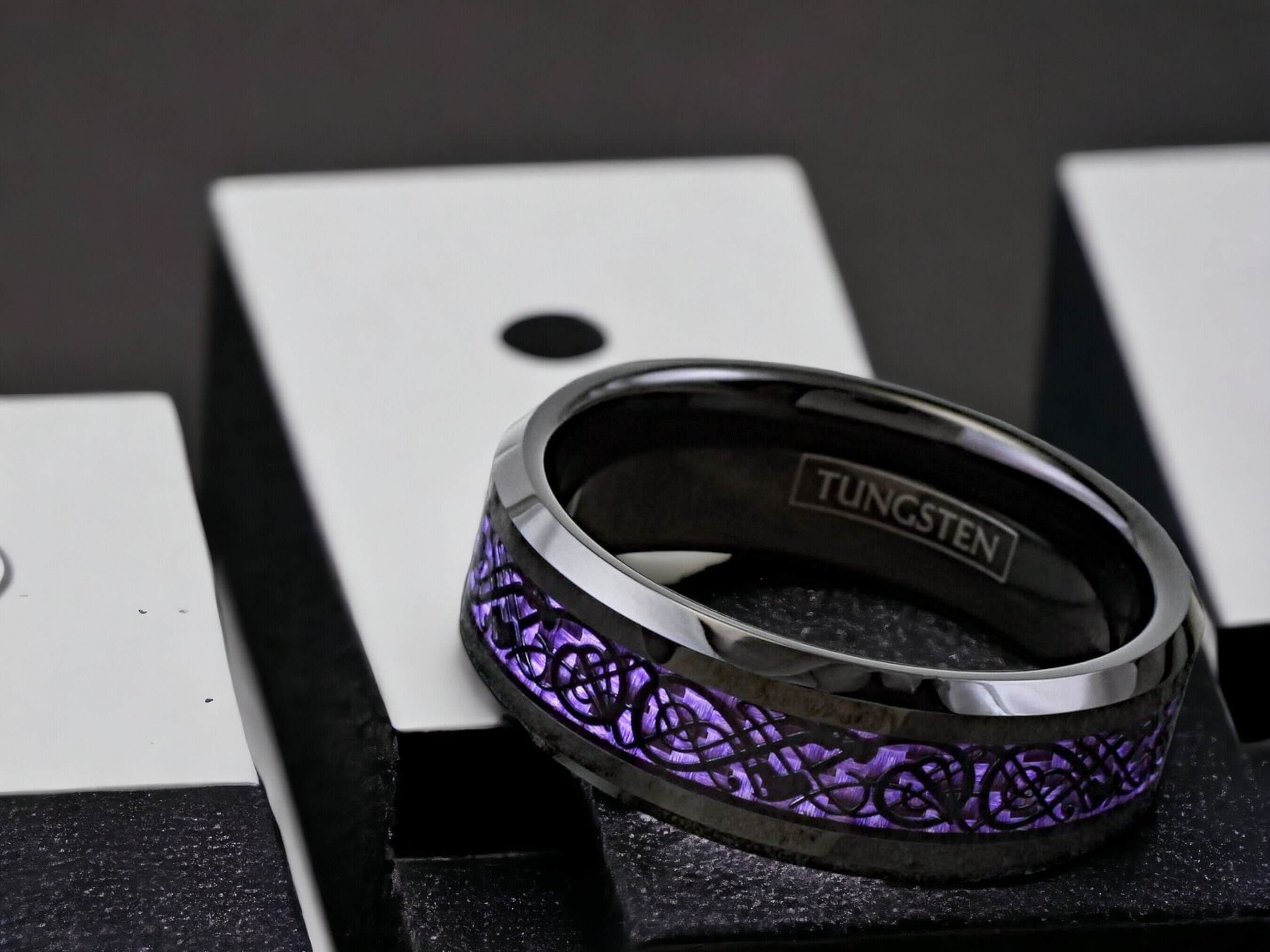 8mm/6mm Black Tungsten Ring Band With Celtic Dragon & Purple Carbon ...