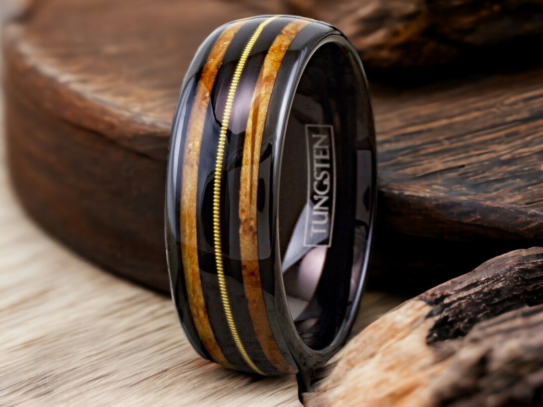 Guitar String Tungsten Ring: Whiskey Barrel Wood Band, Musician Wedding ...