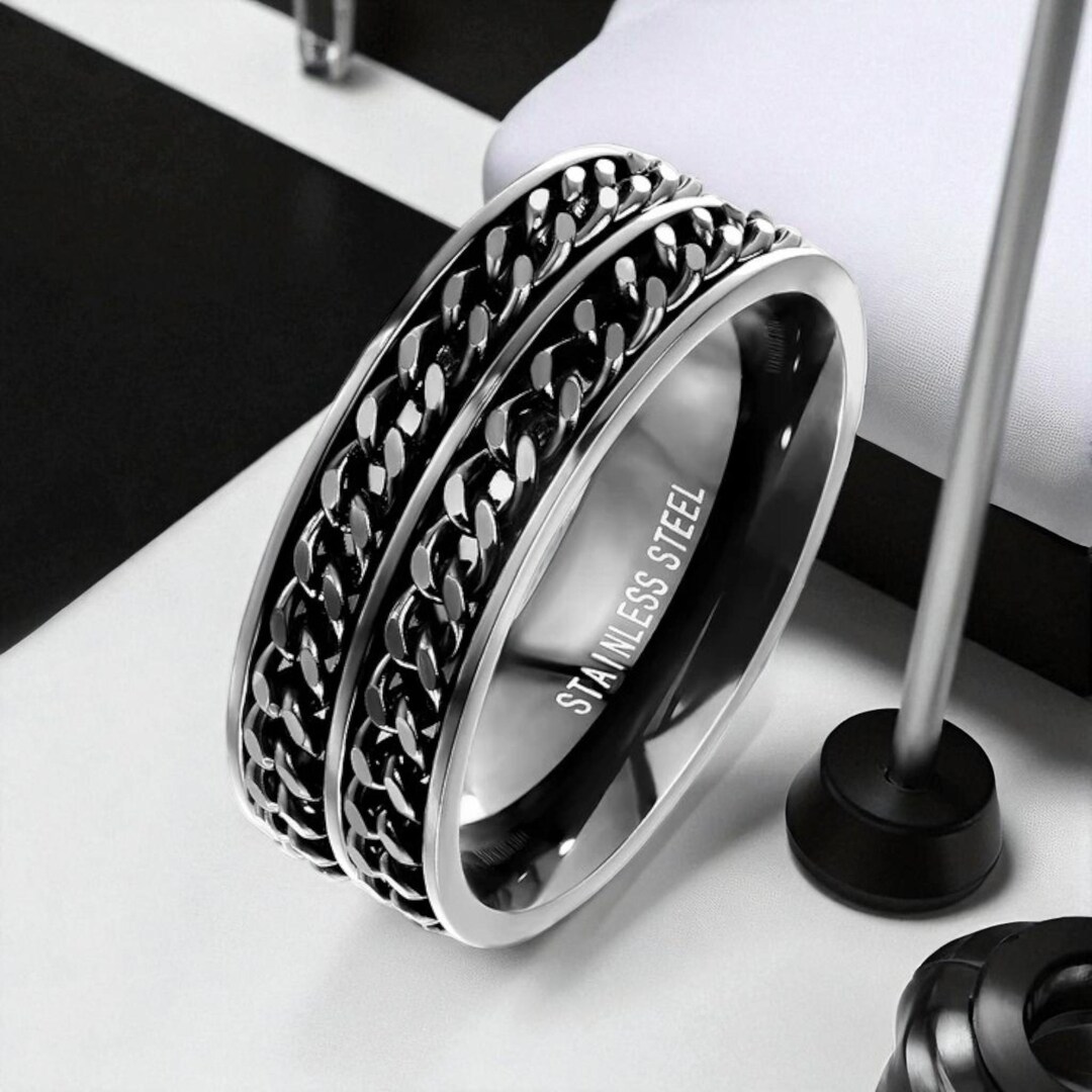 Black Stainless Steel Cuban Link Spinner Ring – Dual Spinning Bands ...