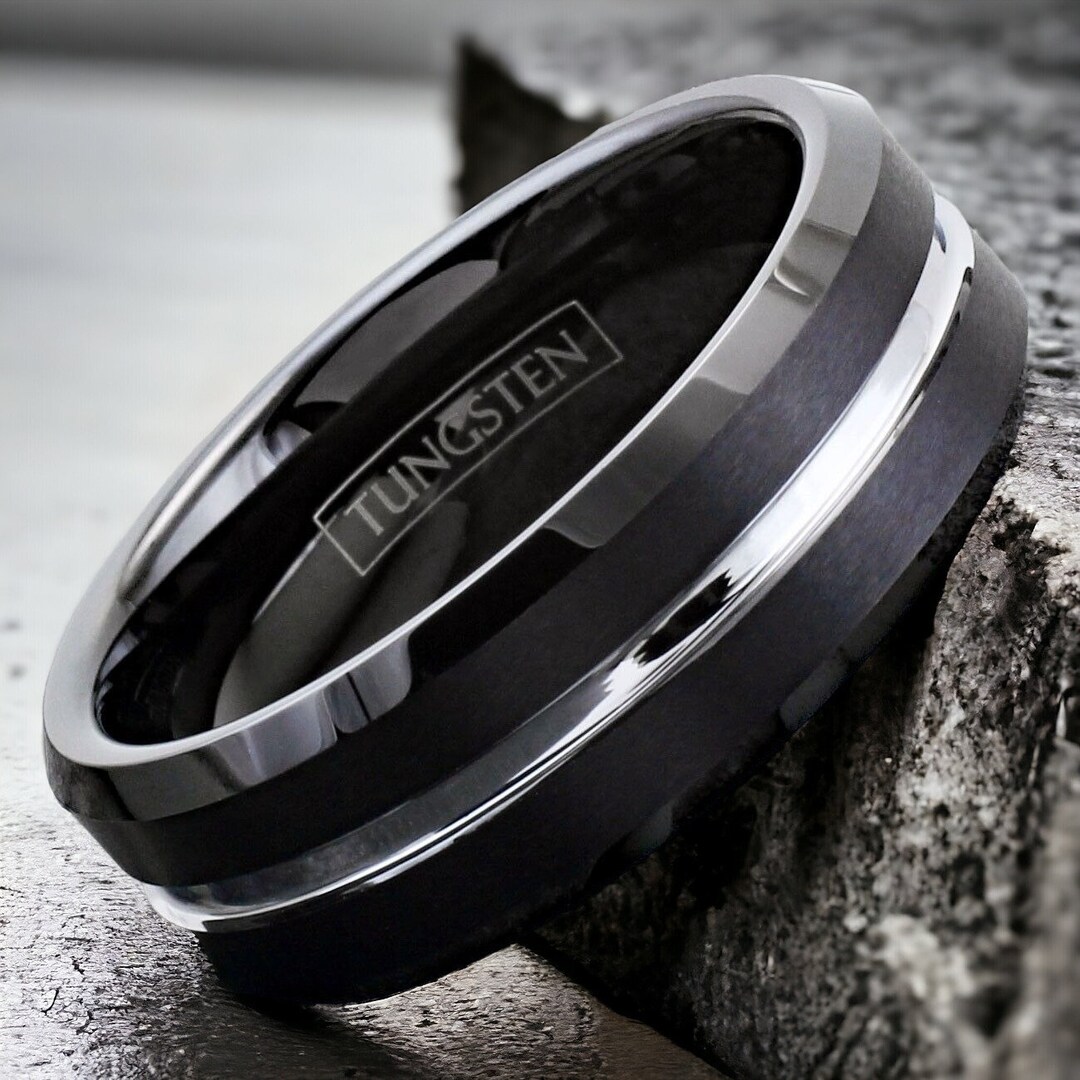 Black Tungsten Thin Silver Line Ring | Warden's Strength Corrections ...