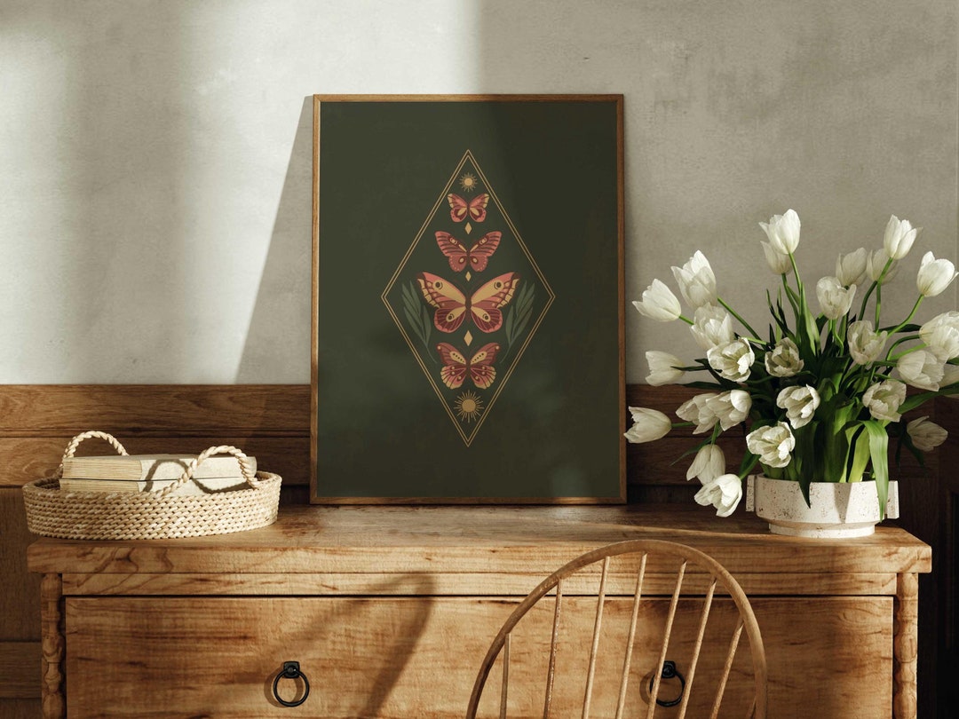 Butterfly Gouache Painting Print: Boho Diamond Sun Wall Art - Etsy