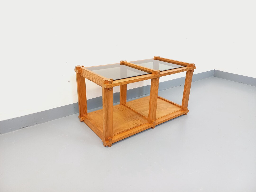 Vintage Rectangular Coffee Table in Pine and Smoked Glass From the 70s ...