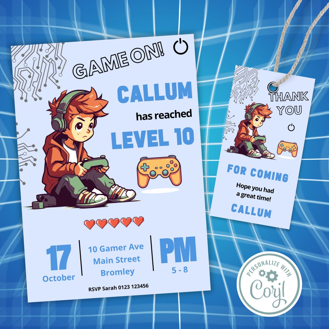 Editable Game Themed Birthday Invitation and Matching Thank You Tag ...