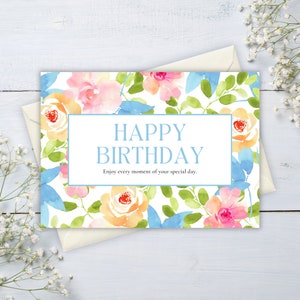 Printable Birthday Card With Flowers, Floral Birthday Card, Printable Greeting Card, Print at ...