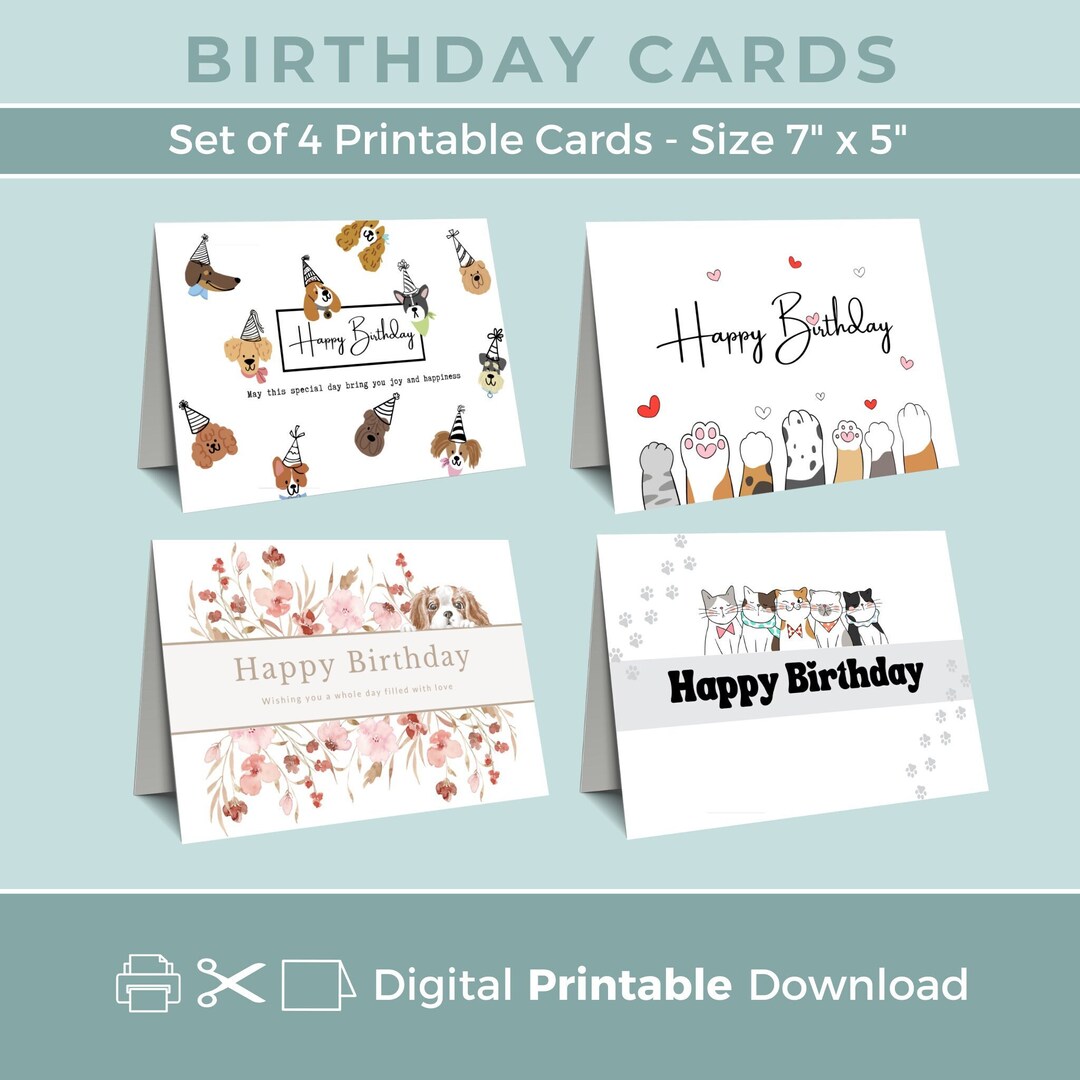 Birthday Card Bundle Printable Dog and Cat, Set of 4 Printable Pet ...