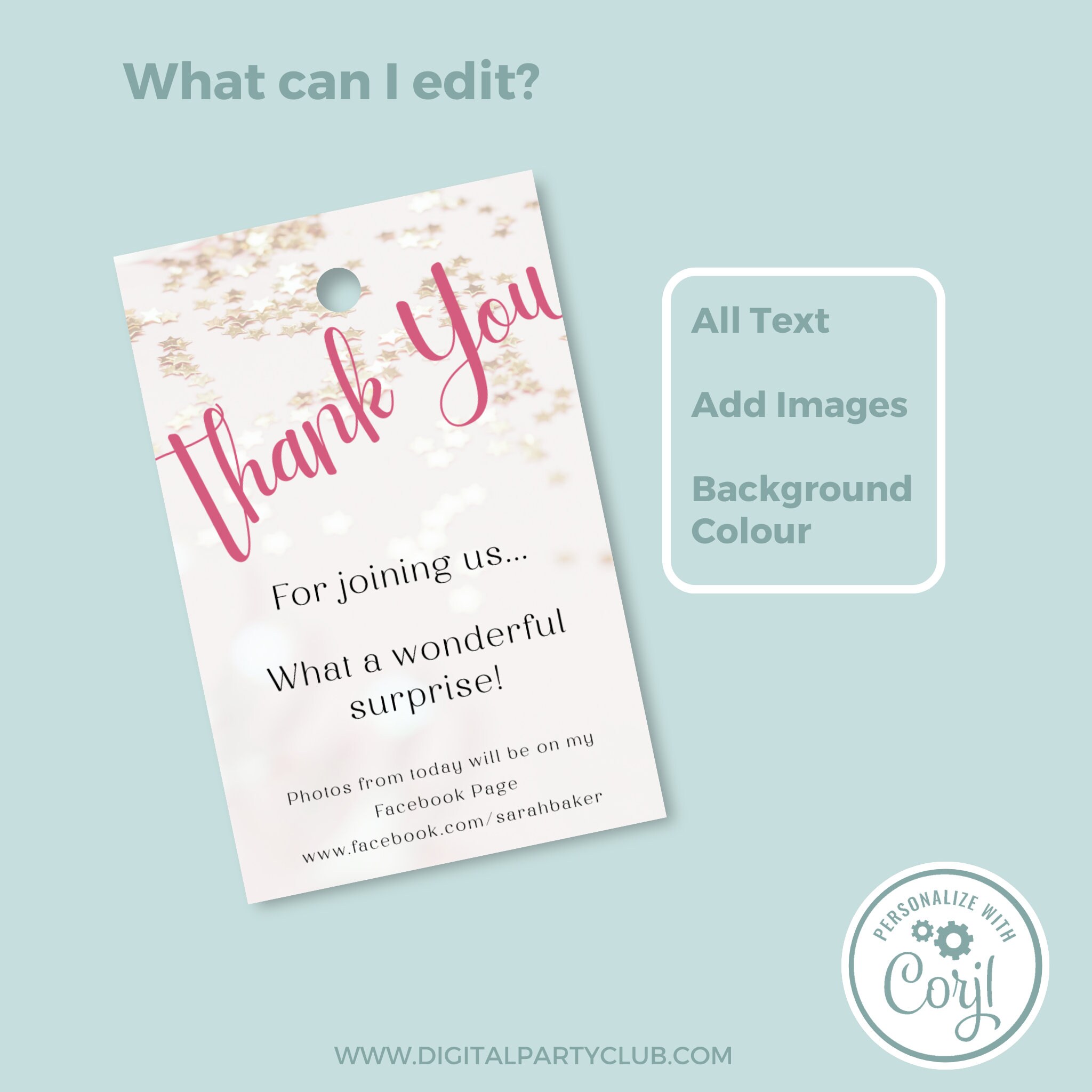 Surprise Birthday Thank You Tag, Party Thank You Tag, Editable Template ...