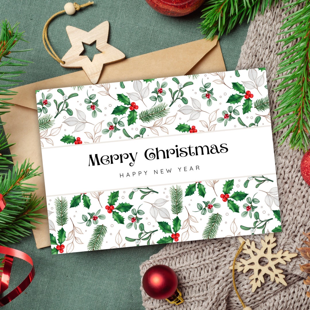 Merry Christmas Card Printable, Seasons Greetings Card With Holly ...