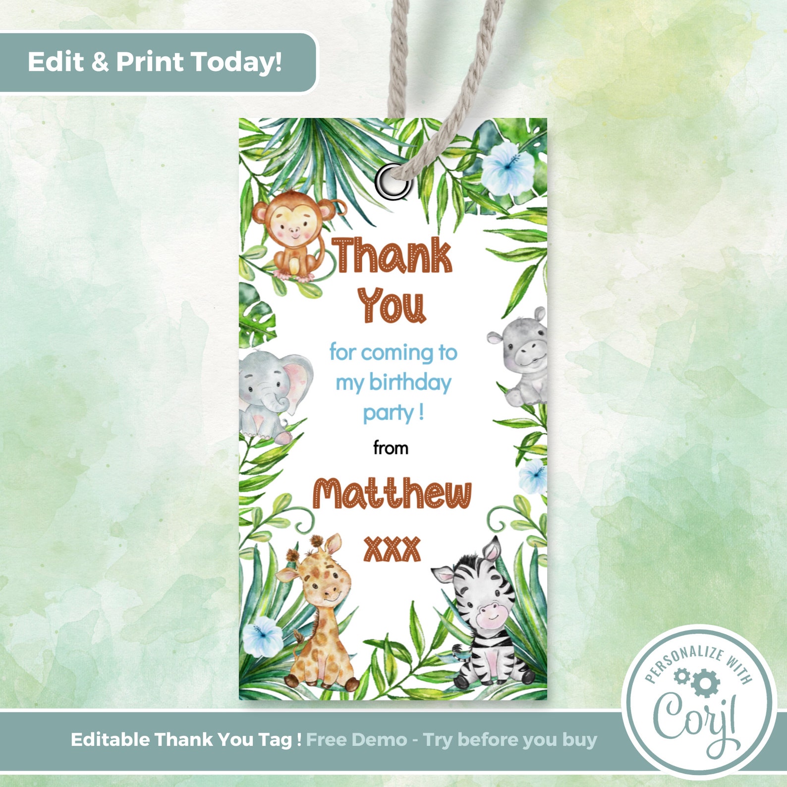 Editable Lets Go Wild Party Thank You Tag, Jungle Zoo Party Thank You ...