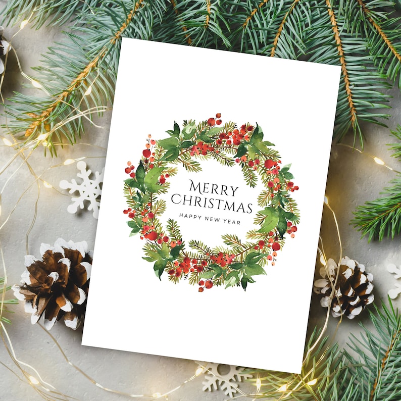Printable Merry Christmas Card With Watercolour Wreath Design Festive ...