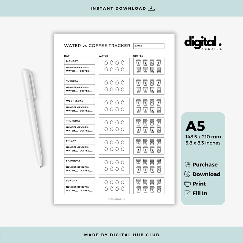 Weekly Water Hydration Tracker, Water Vs Coffee Intake Tracker, Daily ...