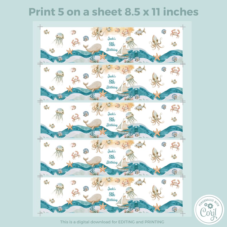 Under the Sea Water Bottle Label Template, Editable Bottle Wrapper ...