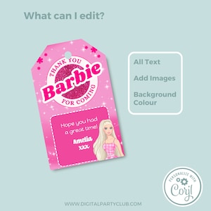 Editable Pink Sparkle Party Thank You Tag, Doll Party Thank You Tag ...