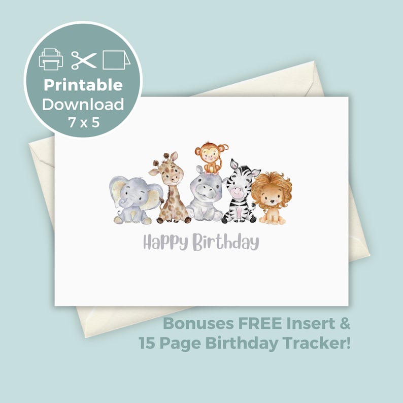 Printable Birthday Card With Jungle Animals, Cute Safari Watercolour ...