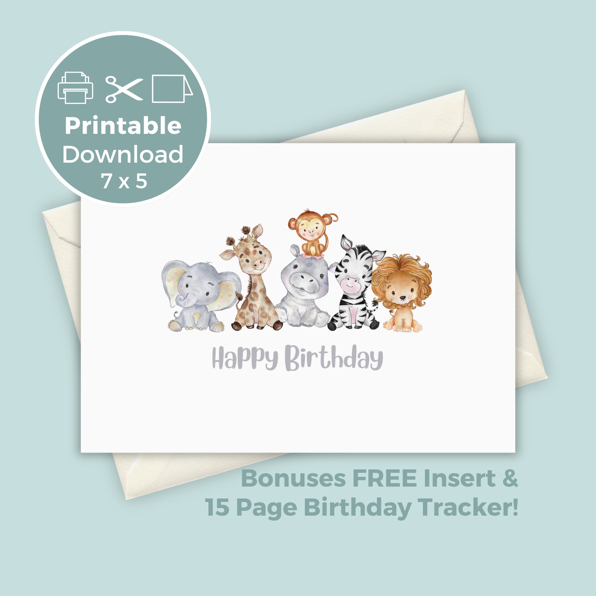 Printable Birthday Card With Jungle Animals, Cute Safari Watercolour ...