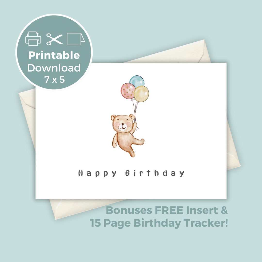 Printable Birthday Card With Cute Teddy Bear and Balloons, Baby Bear ...