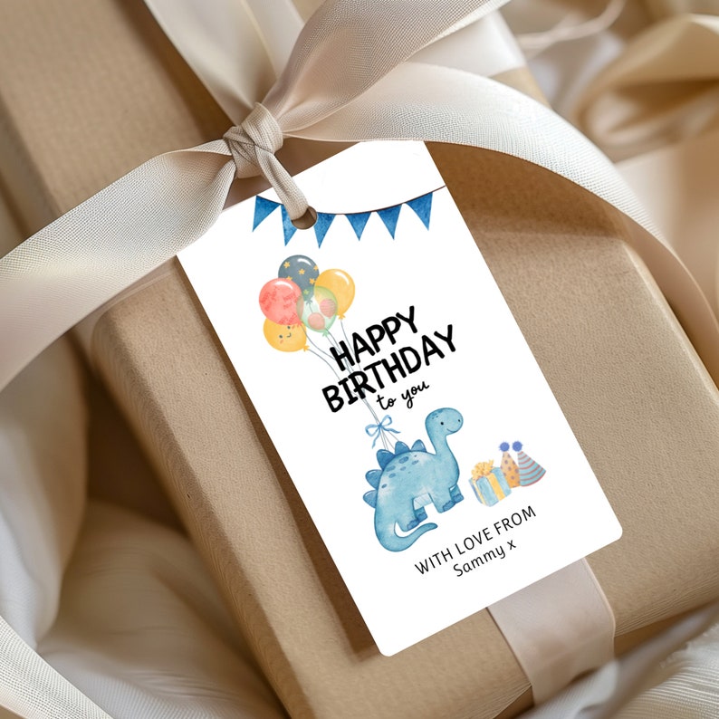 Personalised Birthday Gift Tag With Dinosaur, Kids Gift Tag, Edit and ...