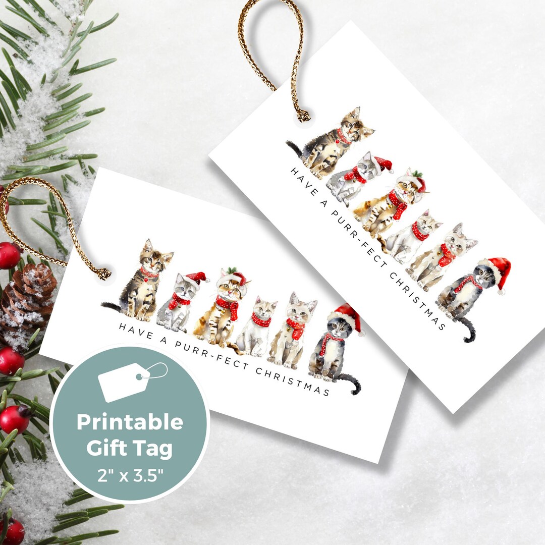 Printable Christmas Gift Tag With Cats, Cute Cat Illustration Christmas ...