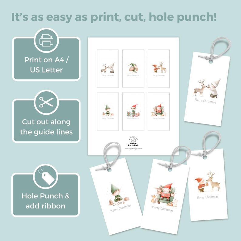 Set of 6 Whimsical Christmas Gift Tags, Cute Reindeer Watercolor ...